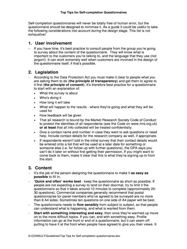 Fillable Online Top Tips for Self-completion Questionnaires Fax Email ...
