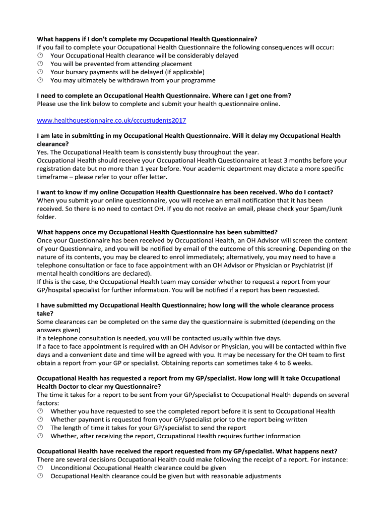 Fillable Online What happens if I dont complete my Occupational Health ...