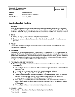 Fillable Online Vacation Cash Out - Hardship Fax Email Print - pdfFiller