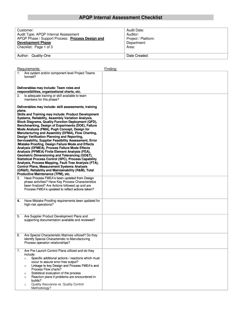Fillable Online Audit Type: APQP Internal Assessment Fax Email Print ...