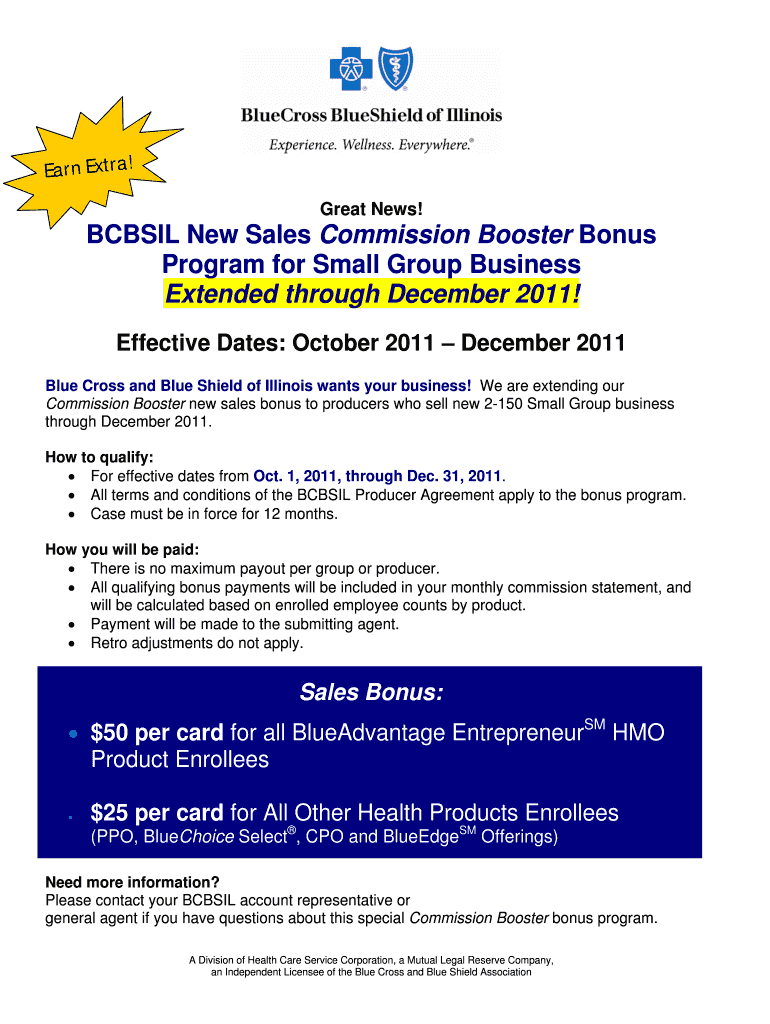 Fillable Online BCBSIL New Sales Commission Booster Bonus Fax Email Print - pdfFiller