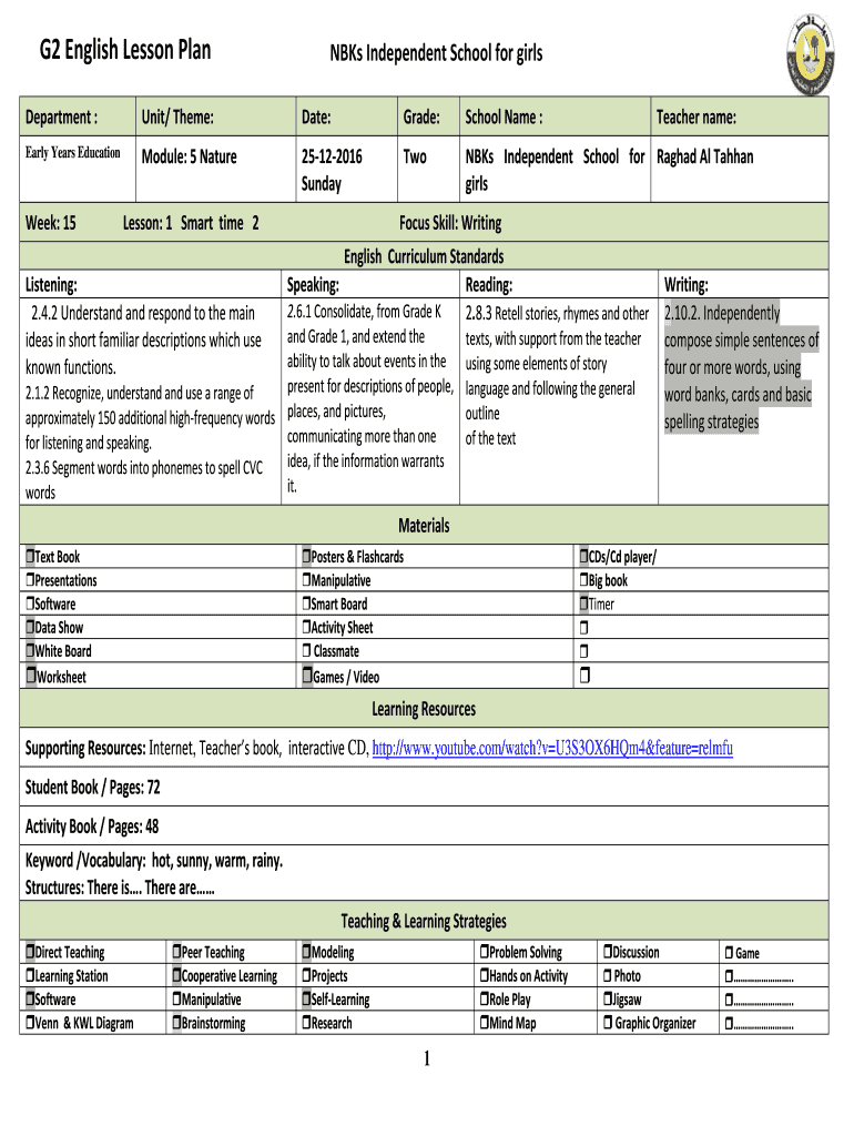 Fillable Online G2 English Lesson Plan Fax Email Print - pdfFiller