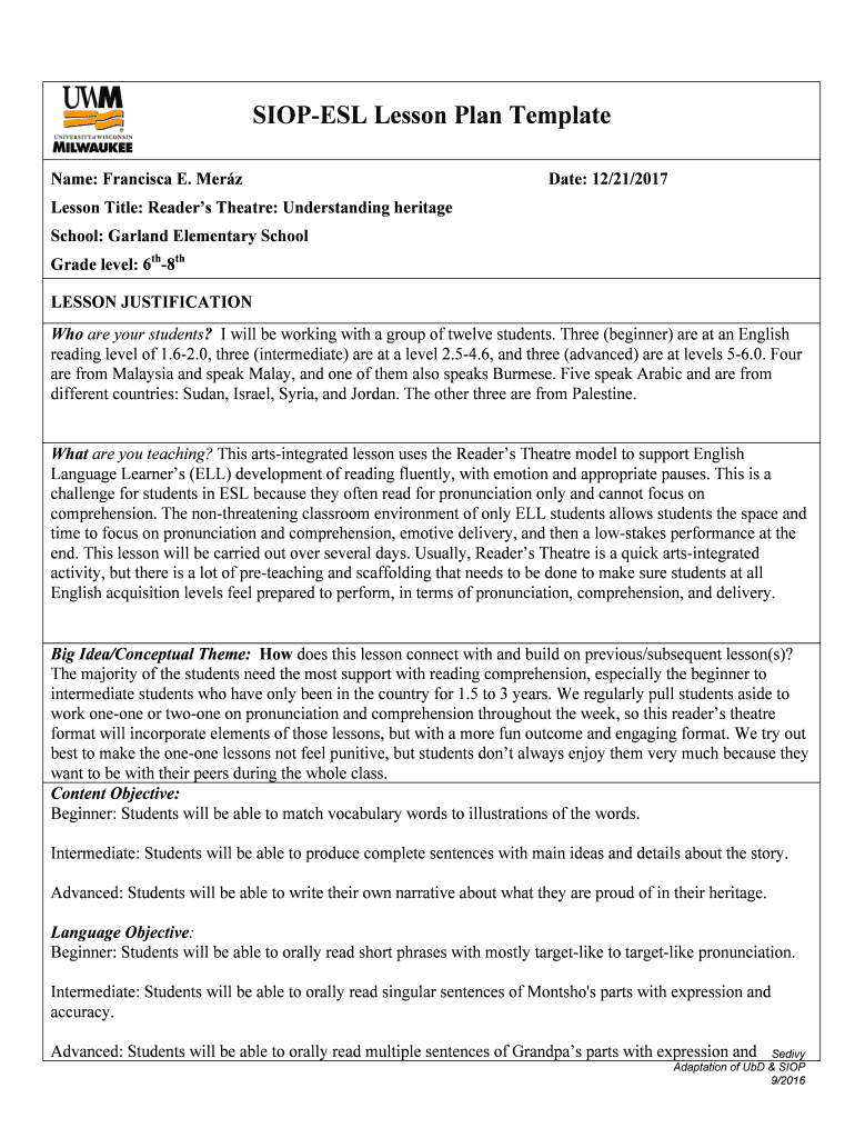 Fillable Online SIOP-ESL Lesson Plan Template Fax Email Print - pdfFiller