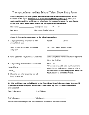 Fillable Online Thompson Intermediate School Talent Show Entry Form Fax ...