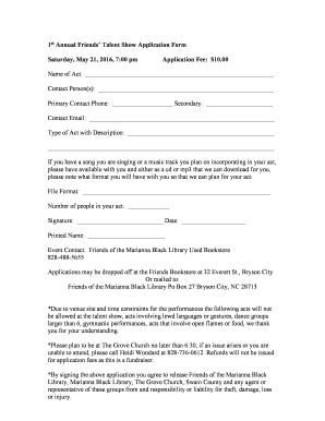 Fillable Online 1st Annual Friends Talent Show Application Form Fax ...