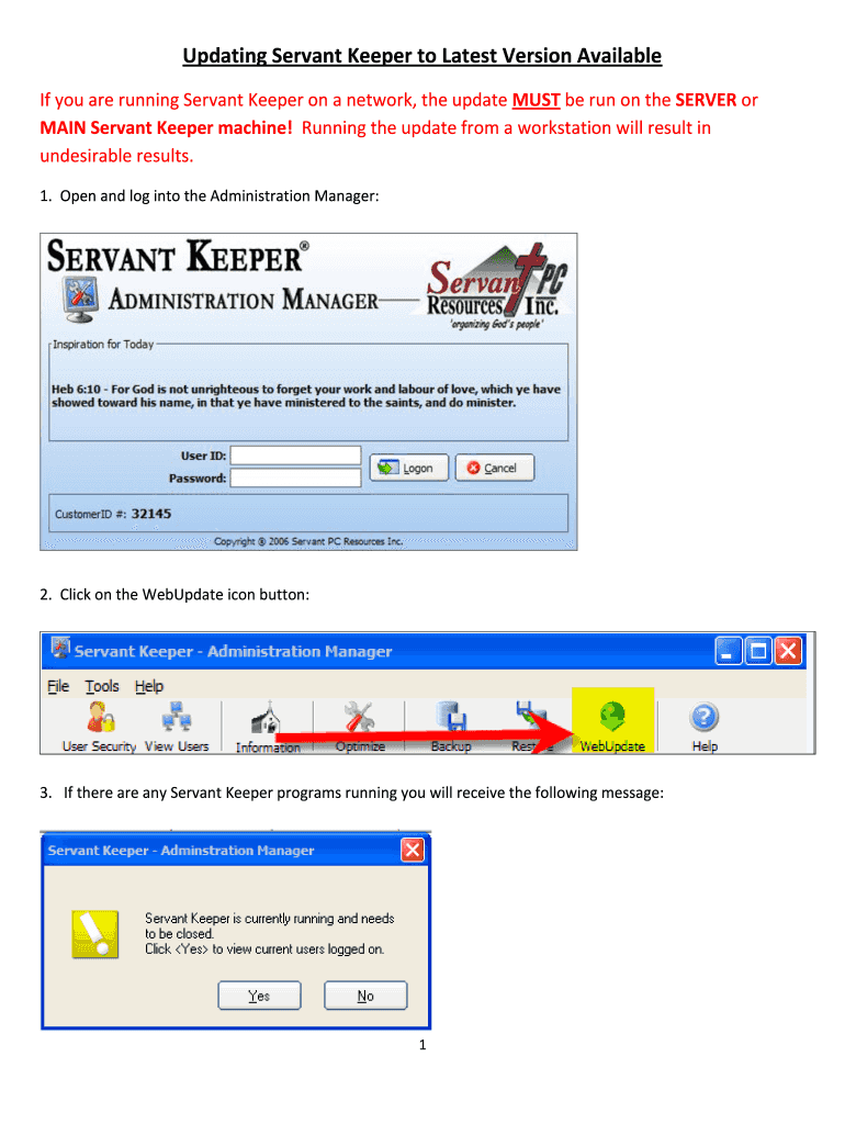 Fillable Online Updating Servant Keeper to Latest Version Available Fax ...