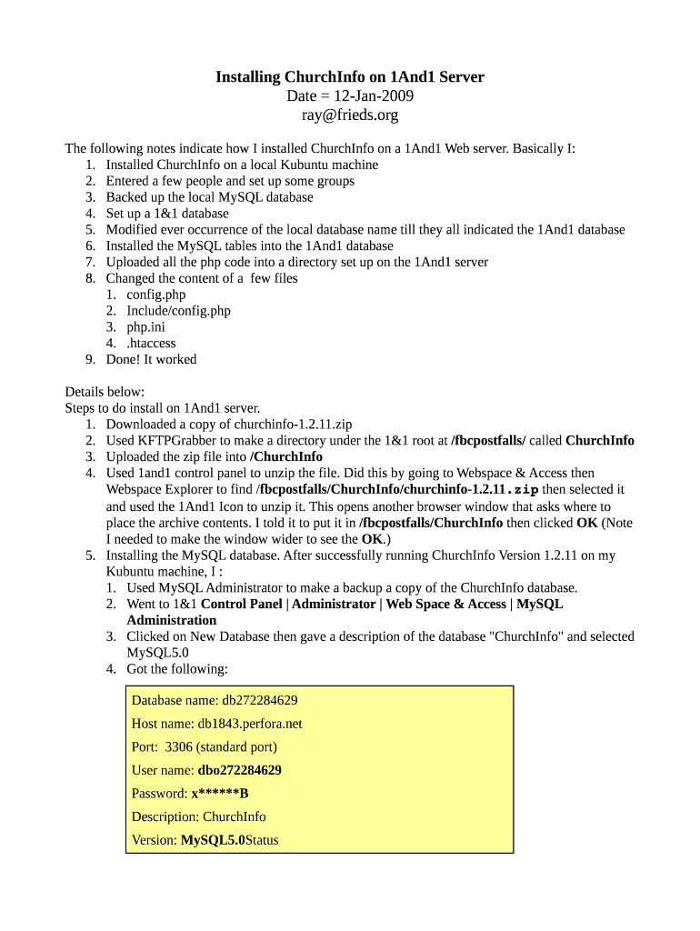 Fillable Online Installing ChurchInfo on 1And1 Server Fax Email Print ...