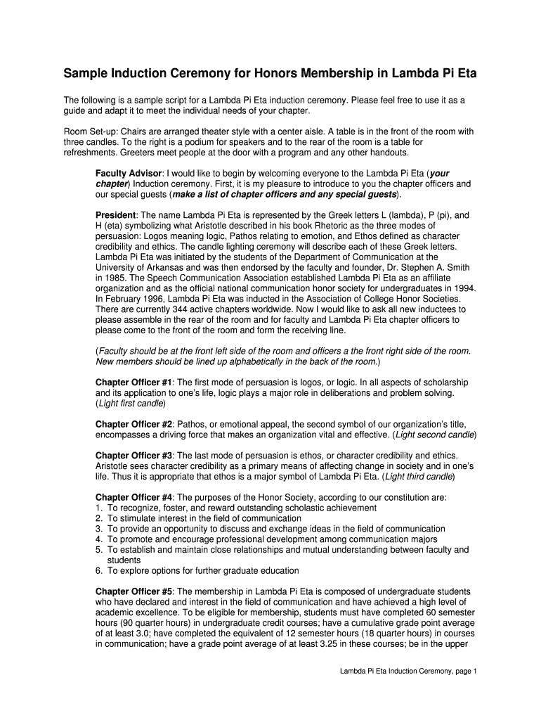 Fillable Online Sample Induction Ceremony for Honors Membership in ...