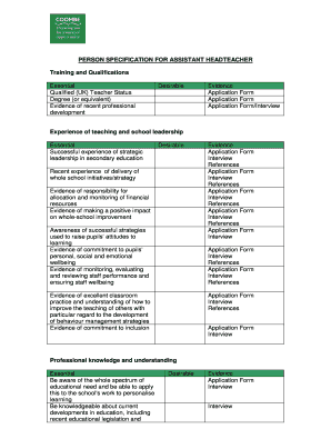 Fillable Online PERSON SPECIFICATION FOR ASSISTANT HEADTEACHER Fax Email Print - pdfFiller