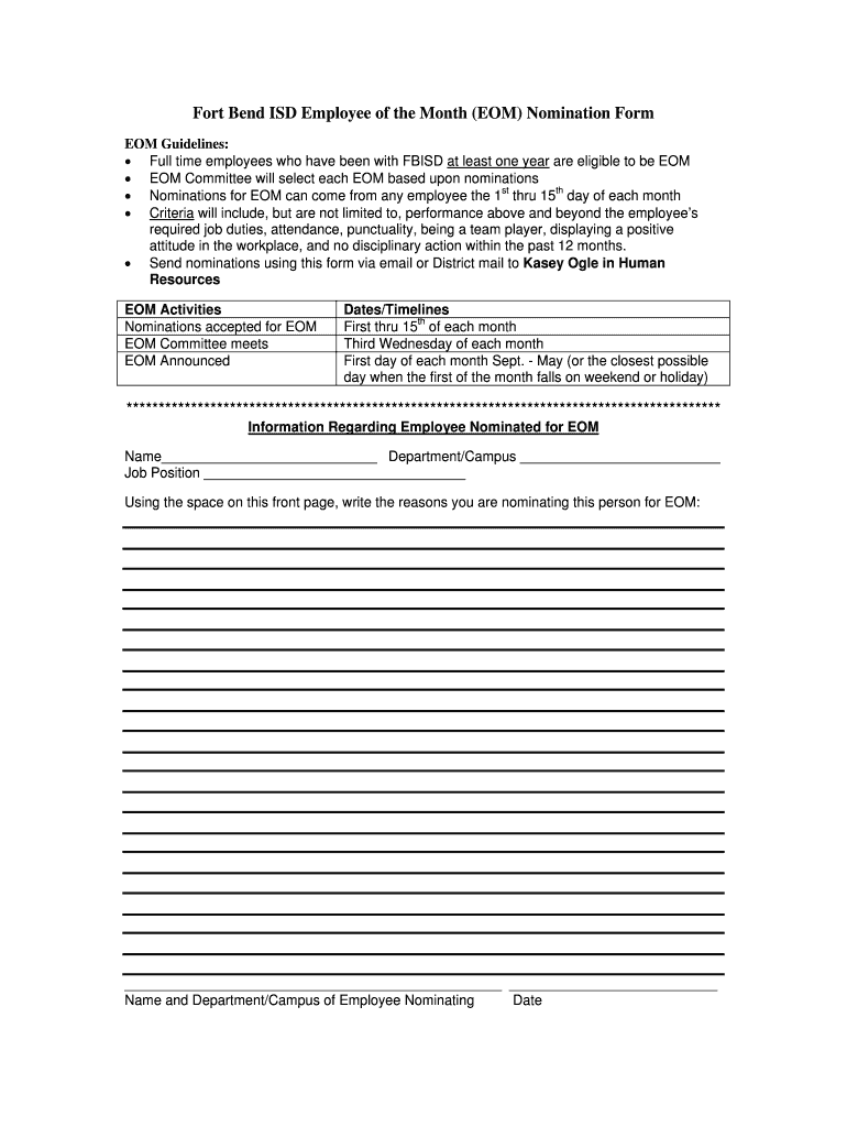 Fillable Online Fort Bend ISD Employee of the Month (EOM) Nomination Form Fax Email Print ...