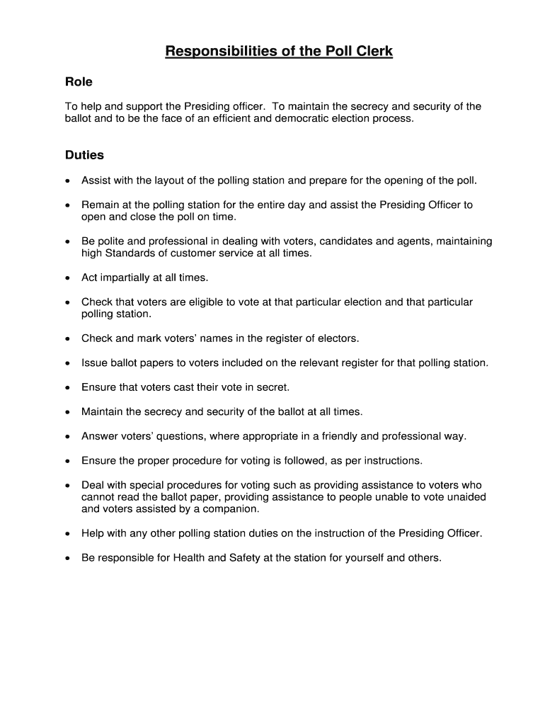 Fillable Online Responsibilities of the Poll Clerk Fax Email Print ...