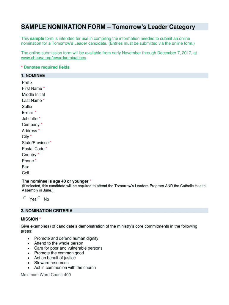 Fillable Online SAMPLE NOMINATION FORM Tomorrow 's Leader Category Fax ...