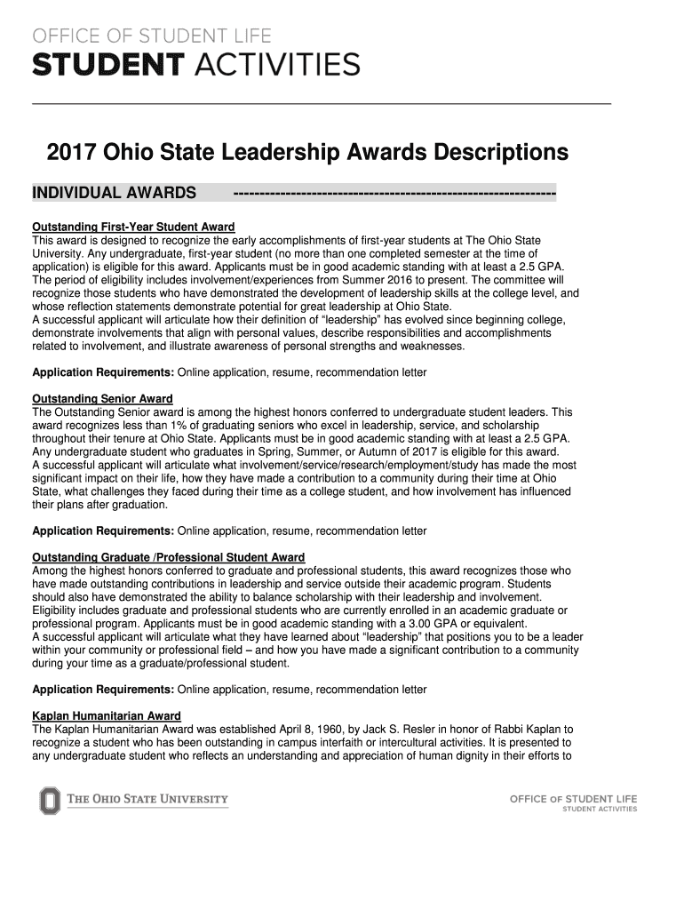 Fillable Online 2017 Ohio State Leadership Awards Descriptions Fax ...