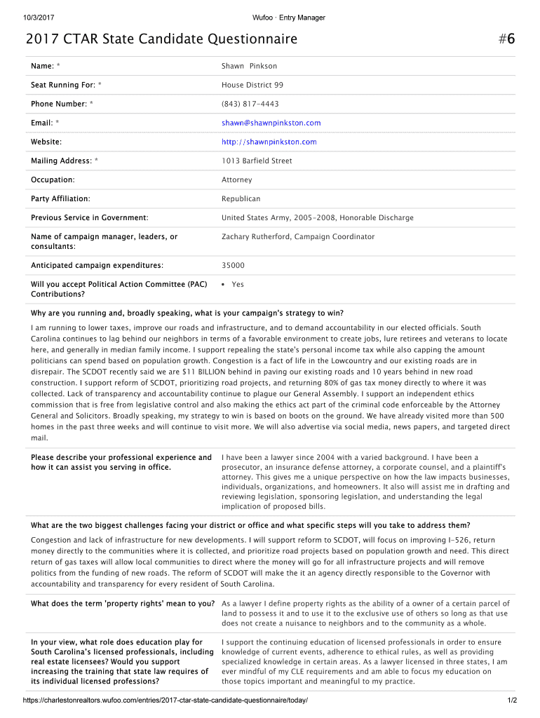 Fillable Online 2017 CTAR State Candidate Questionnaire Fax Email Print ...