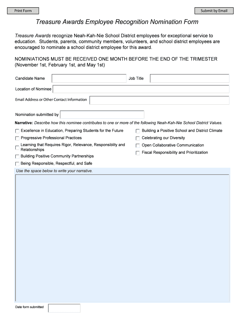 Fillable Online Treasure Awards Employee Recognition Nomination Form ...