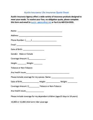 Fillable Online Austin Insurance Life Insurance Quote Sheet Fax Email ...