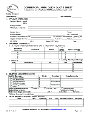 Fillable Online COMMERCIAL AUTO QUICK QUOTE SHEET Fax Email Print ...