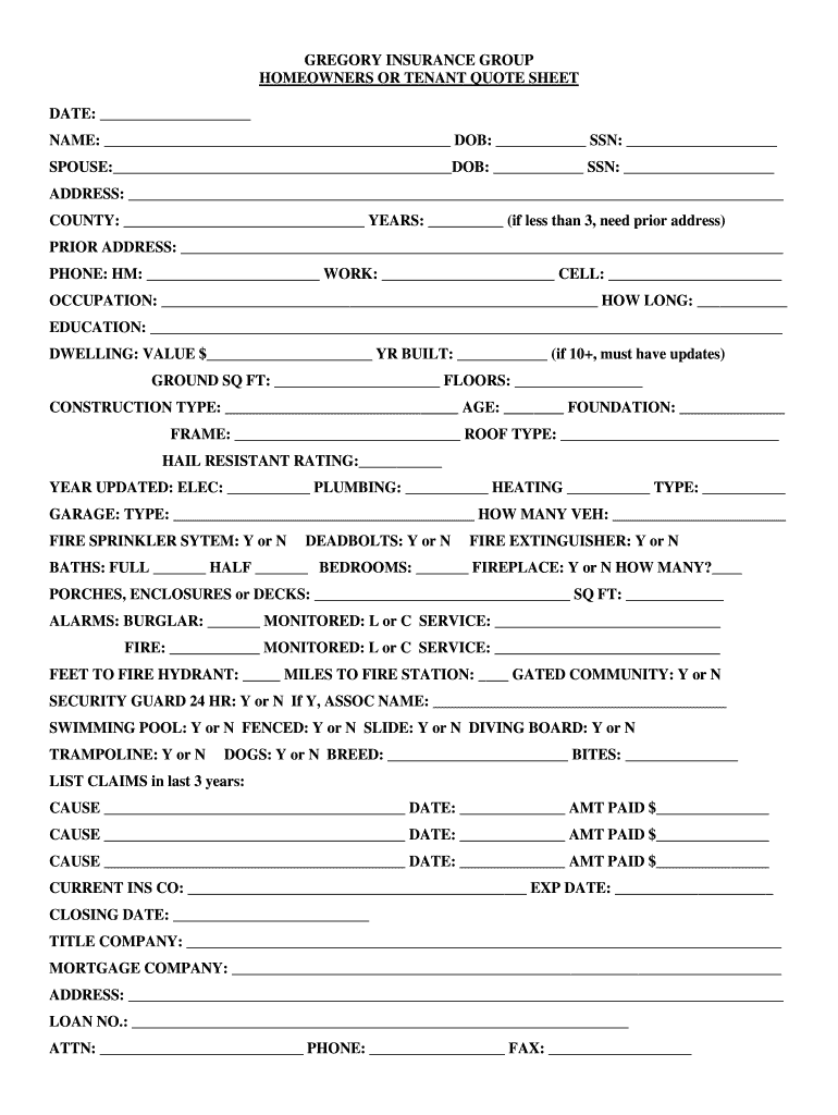 Fillable Online HOMEOWNERS OR TENANT QUOTE SHEET Fax Email Print ...