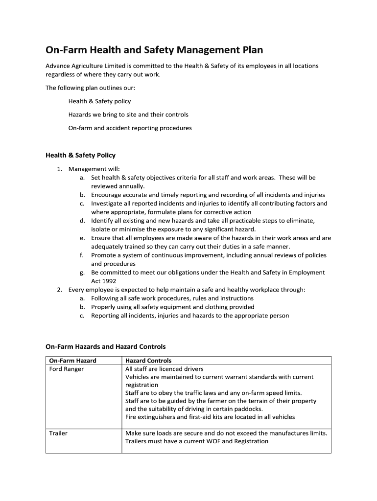 Fillable Online On-Farm Health and Safety Management Plan Fax Email ...
