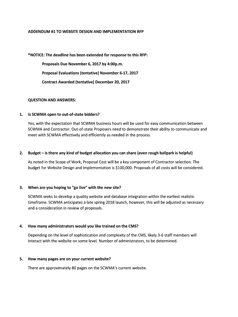 Fillable Online ADDENDUM #1 TO WEBSITE DESIGN AND IMPLEMENTATION RFP ...