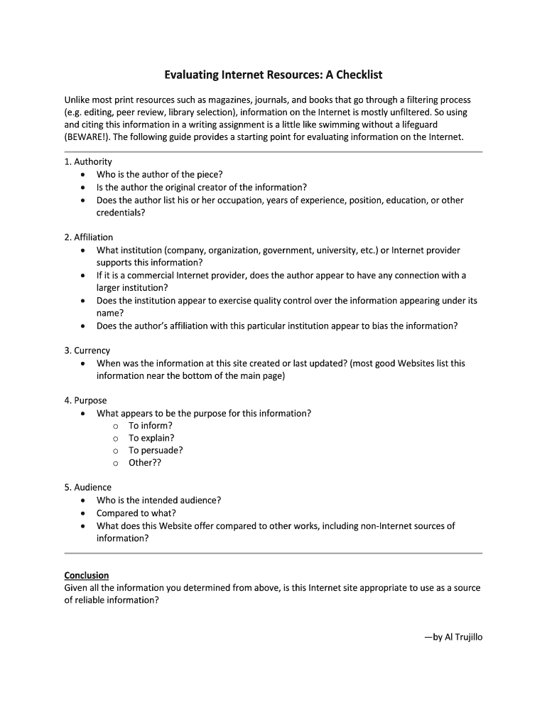 Fillable Online Evaluating Internet Resources: A Checklist Fax Email Print - pdfFiller