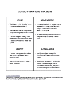 Fillable Online EVALUATION OF INFORMATION SOURCES: CRITICAL QUESTIONS Fax Email Print - pdfFiller