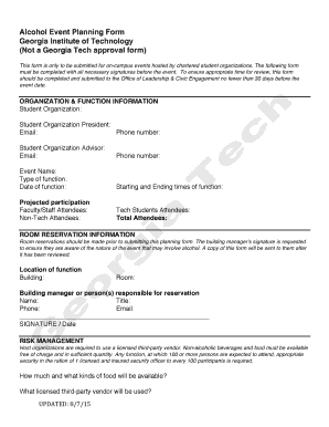 Fillable Online policylibrary gatech Alcohol Event Planning Form Fax ...