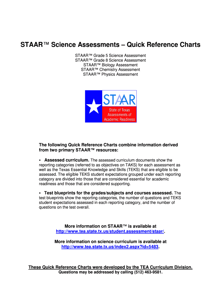 Fillable Online STAAR Science Assessments Quick Reference Charts Fax ...