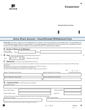 Fillable Online Aviva Share Account - Uncertificated Withdrawal Form ...