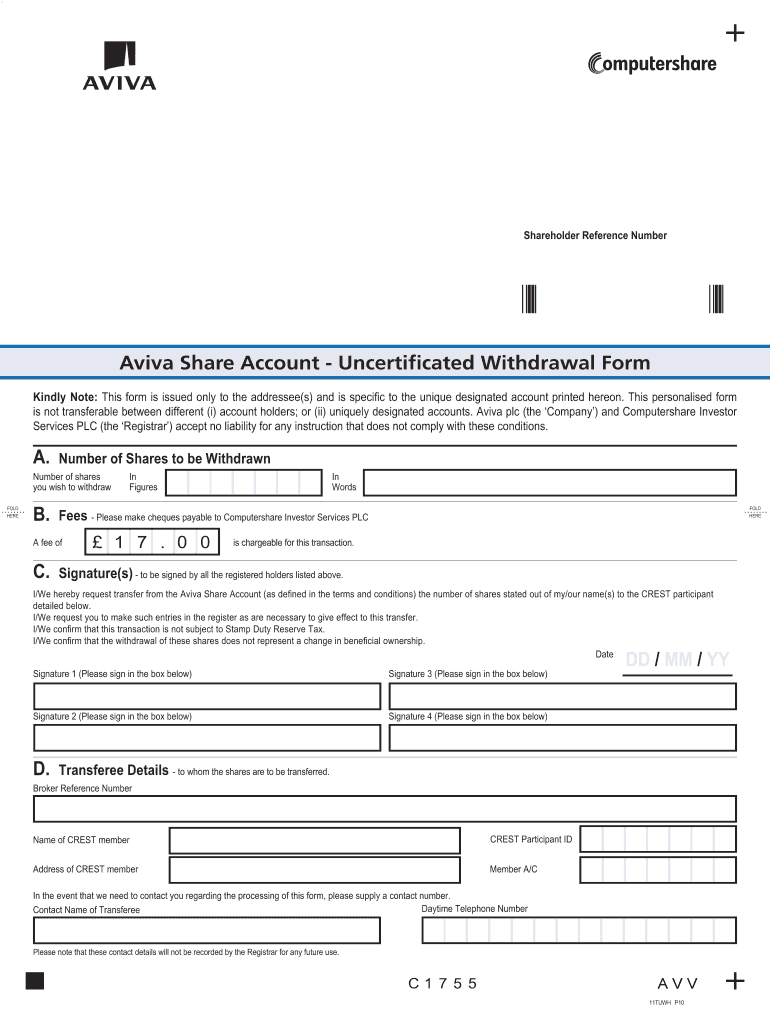 Fillable Online Aviva Share Account - Uncertificated Withdrawal Form ...