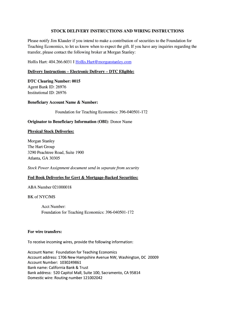 Fillable Online STOCK DELIVERY INSTRUCTIONS AND WIRING INSTRUCTIONS Fax ...