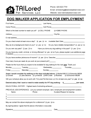 Fillable Online DOG WALKER APPLICATION FOR EMPLOYMENT Fax Email Print ...