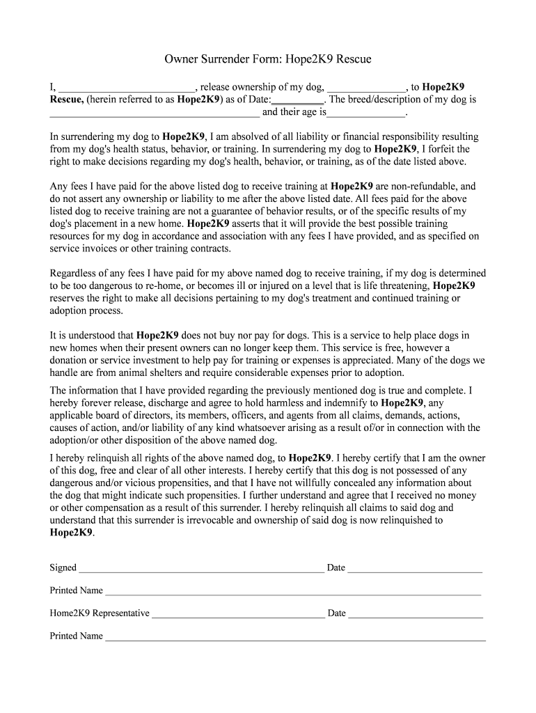 Fillable Online Owner Surrender Form: Hope2K9 Rescue Fax Email Print ...