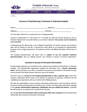 Fillable Online Consent to Physiotherapy Treatment at Vidamed Hospital Fax Email Print - pdfFiller