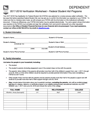 Fillable Online 2017-2018 Verification Worksheet Federal Student Aid ...