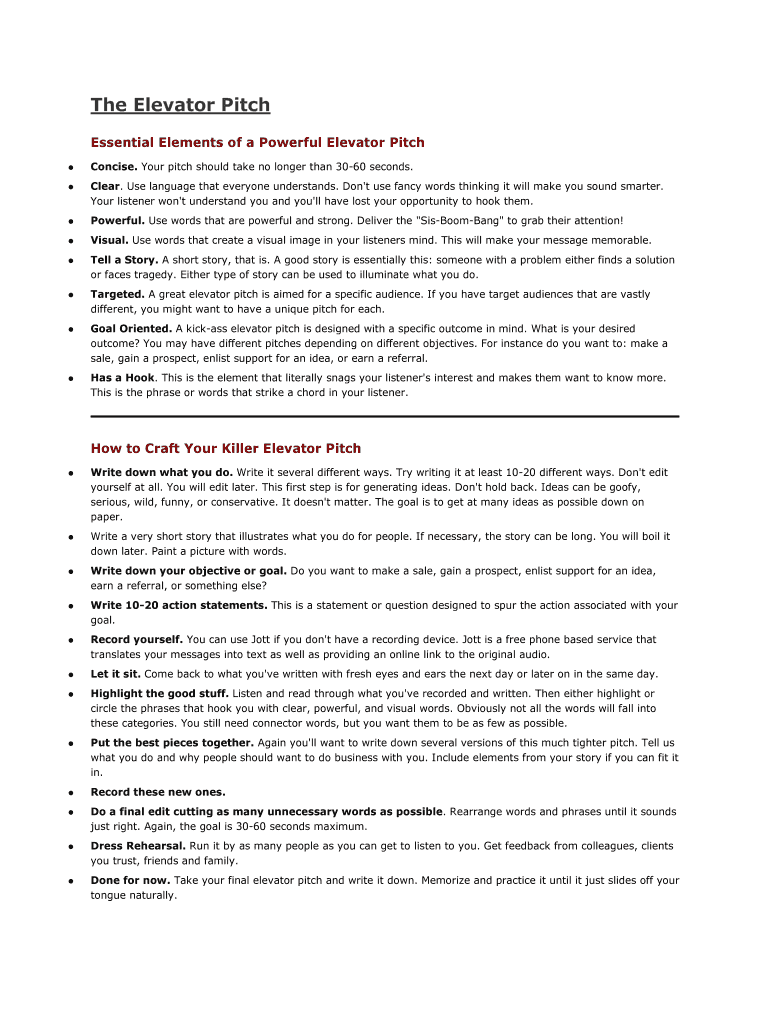 Fillable Online Essential Elements of a Powerful Elevator Pitch Fax ...
