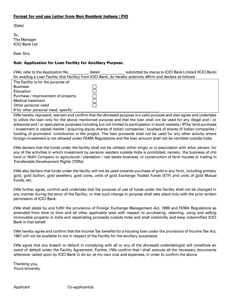 Fillable Online Format for end use Letter from Non Resident Indians ...