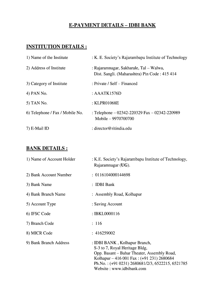 Fillable Online E-PAYMENT DETAILS IDBI BANK Fax Email Print - pdfFiller