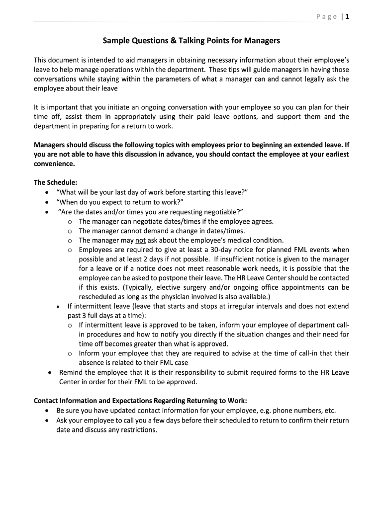 Fillable Online Sample Questions & Talking Points for Managers Fax ...