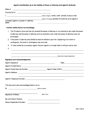 Fillable Online Agent's Certification as to the Validity of Power of Attorney and Agent's ...