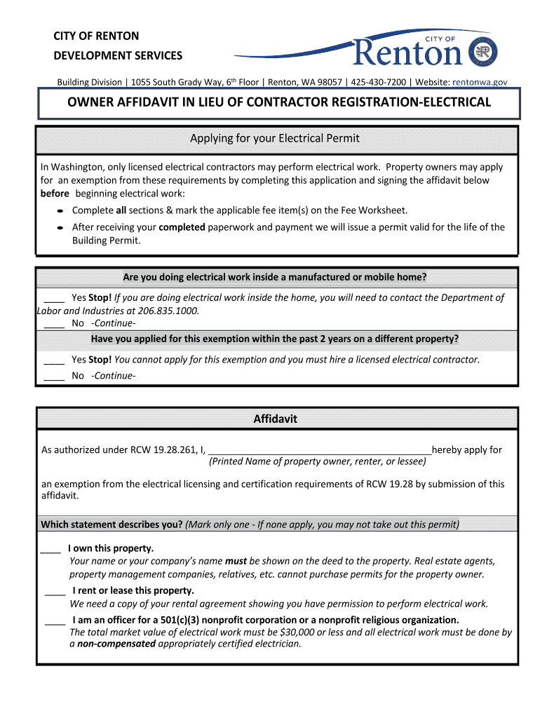 Fillable Online OWNER AFFIDAVIT IN LIEU OF CONTRACTOR REGISTRATION ...