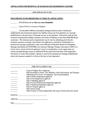 Fillable Online APPLICATION FOR RENEWAL OF MASSAGE ESTABLISHMENT ...