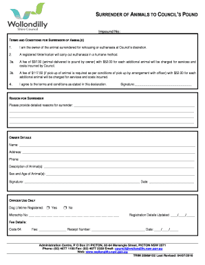 Fillable Online SURRENDER OF ANIMALS TO COUNCILS POUND Fax Email Print ...