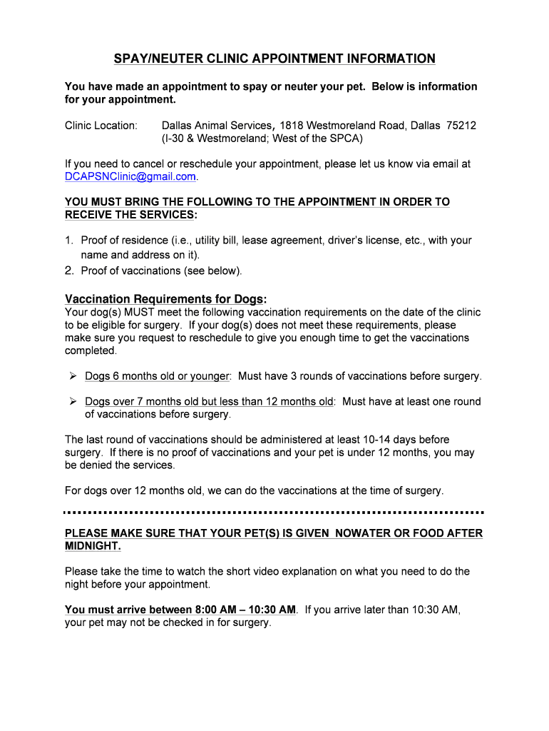 Fillable Online SPAY/NEUTER CLINIC APPOINTMENT INFORMATION Fax Email ...