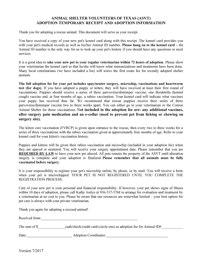 Fillable Online ADOPTION TEMPORARY RECEIPT AND ADOPTION INFORMATION Fax ...