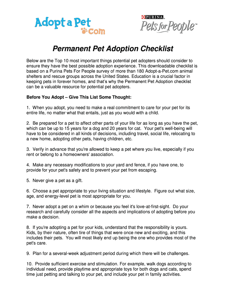 Fillable Online Permanent Pet Adoption Checklist Fax Email Print ...