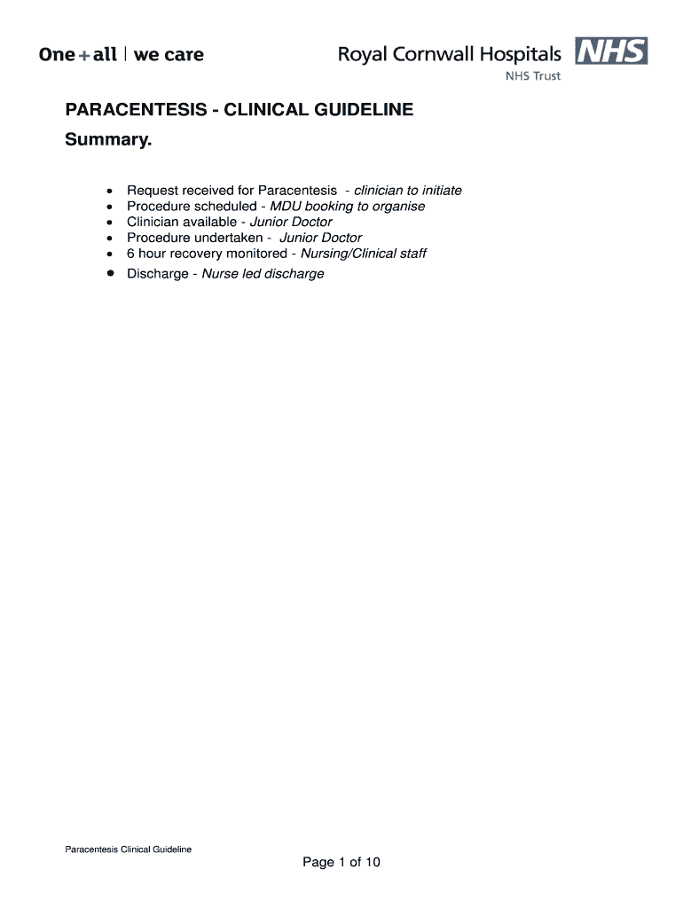 Fillable Online PARACENTESIS - CLINICAL GUIDELINE Fax Email Print ...