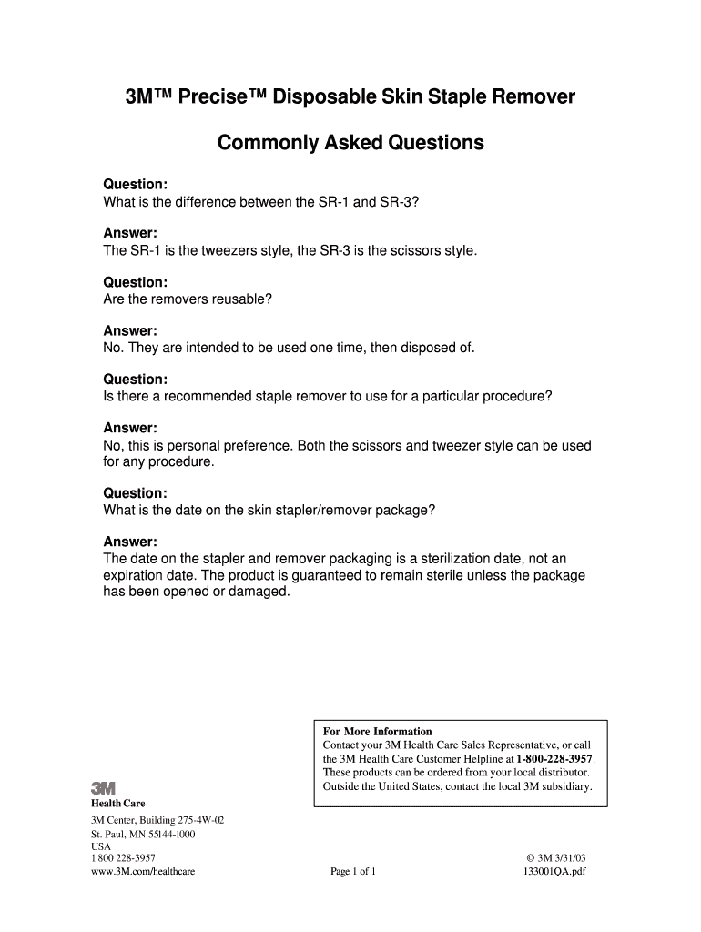 Fillable Online 3M Precise Disposable Skin Staple Remover Fax Email ...