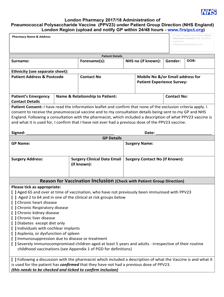 Fillable Online Pneumococcal Polysaccharide Vaccine (PPV23) under ...