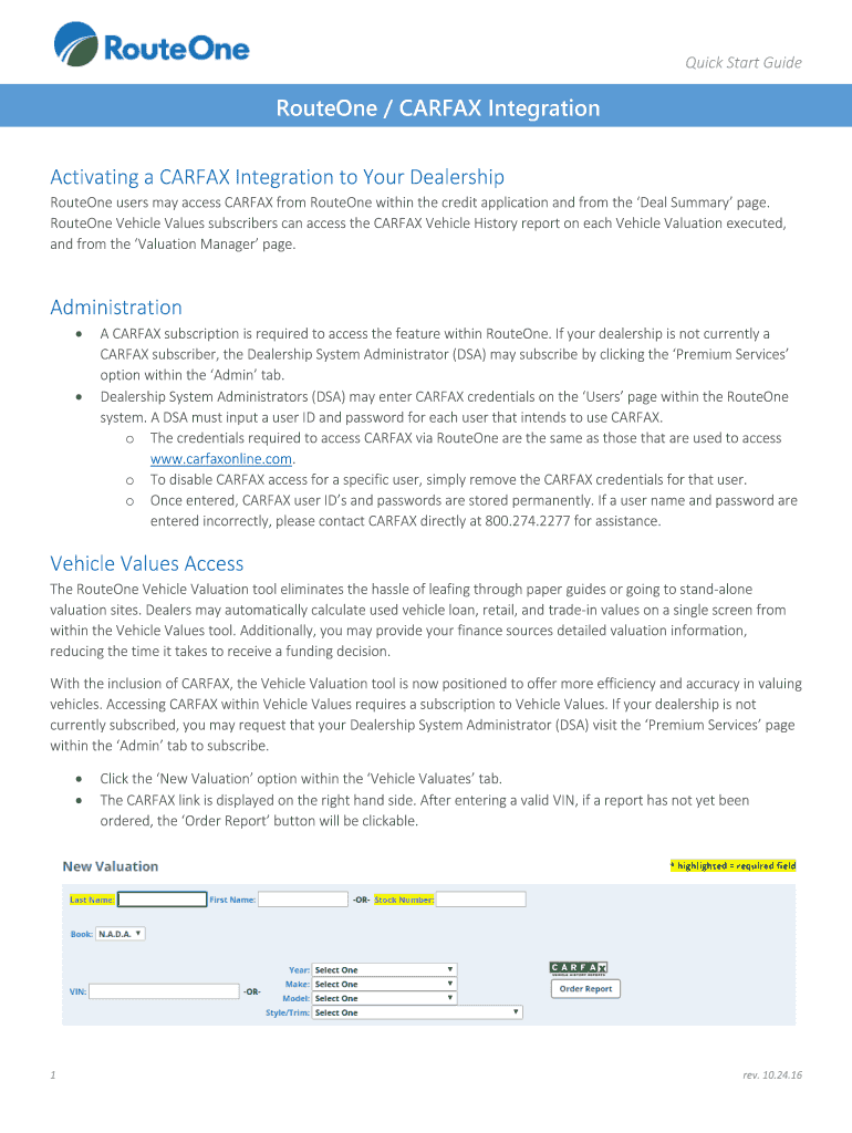 Fillable Online RouteOne / CARFAX Integration Fax Email Print - pdfFiller
